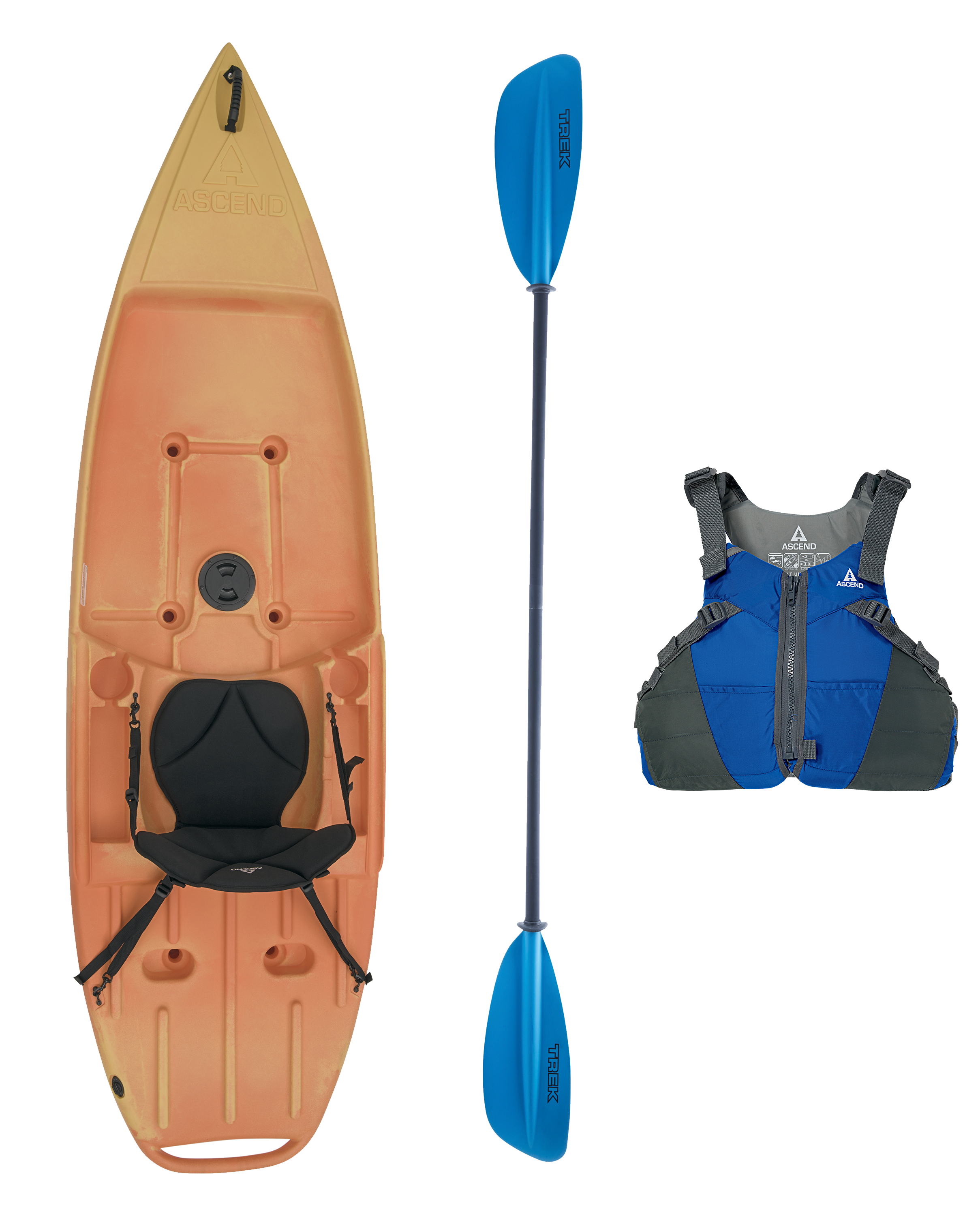 Ascend 9R Sport Yellow/Orange Sit-On-Top Kayak, Paddle, and Life Jacket ...